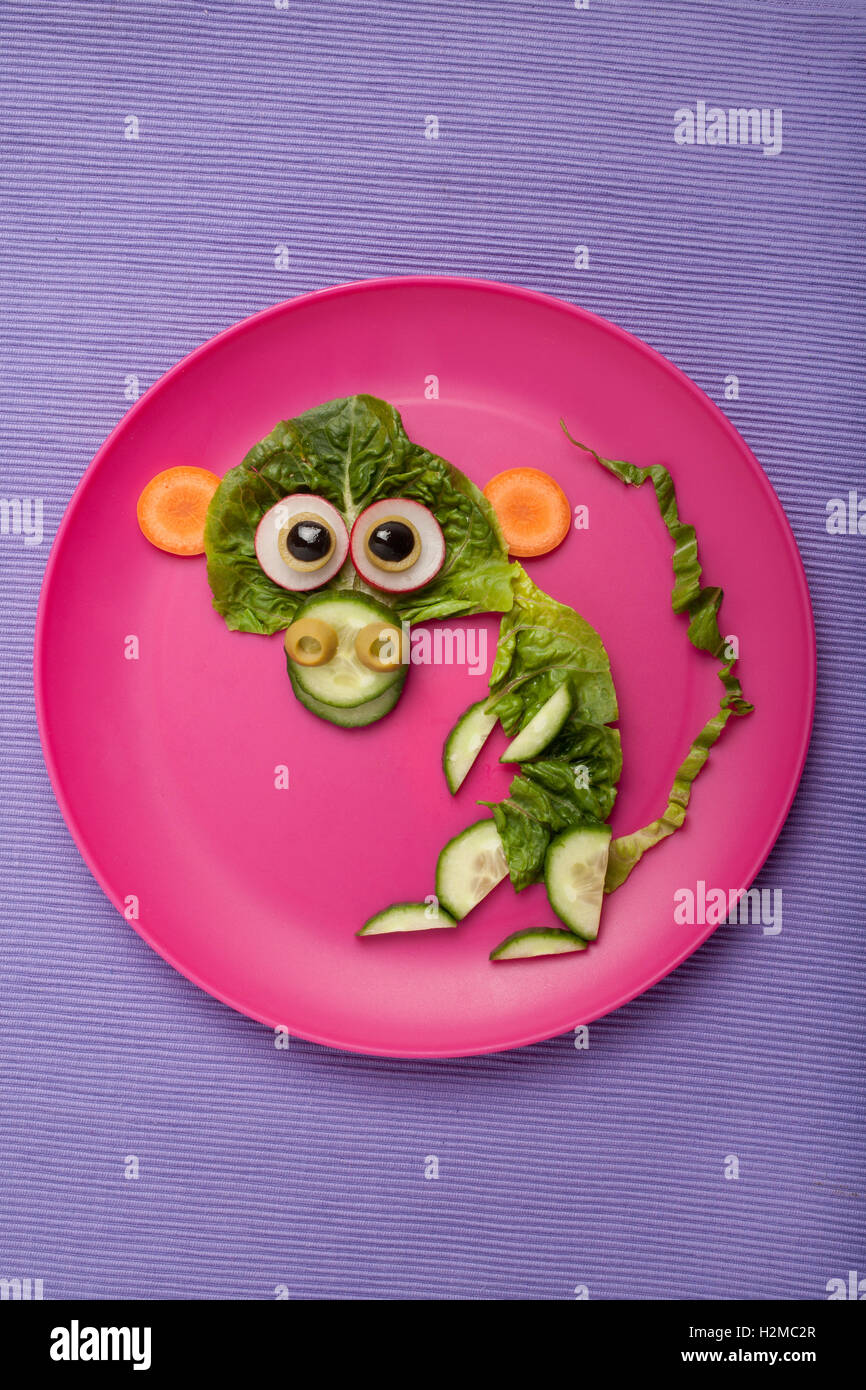 Monkey made of vegetables on plate and fabric Stock Photo - Alamy