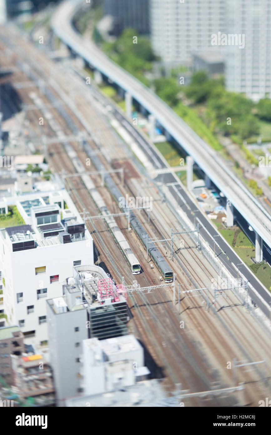Tilt-shift bird's eye view of Tokyo cityscape, Tokyo, Japan Stock Photo ...