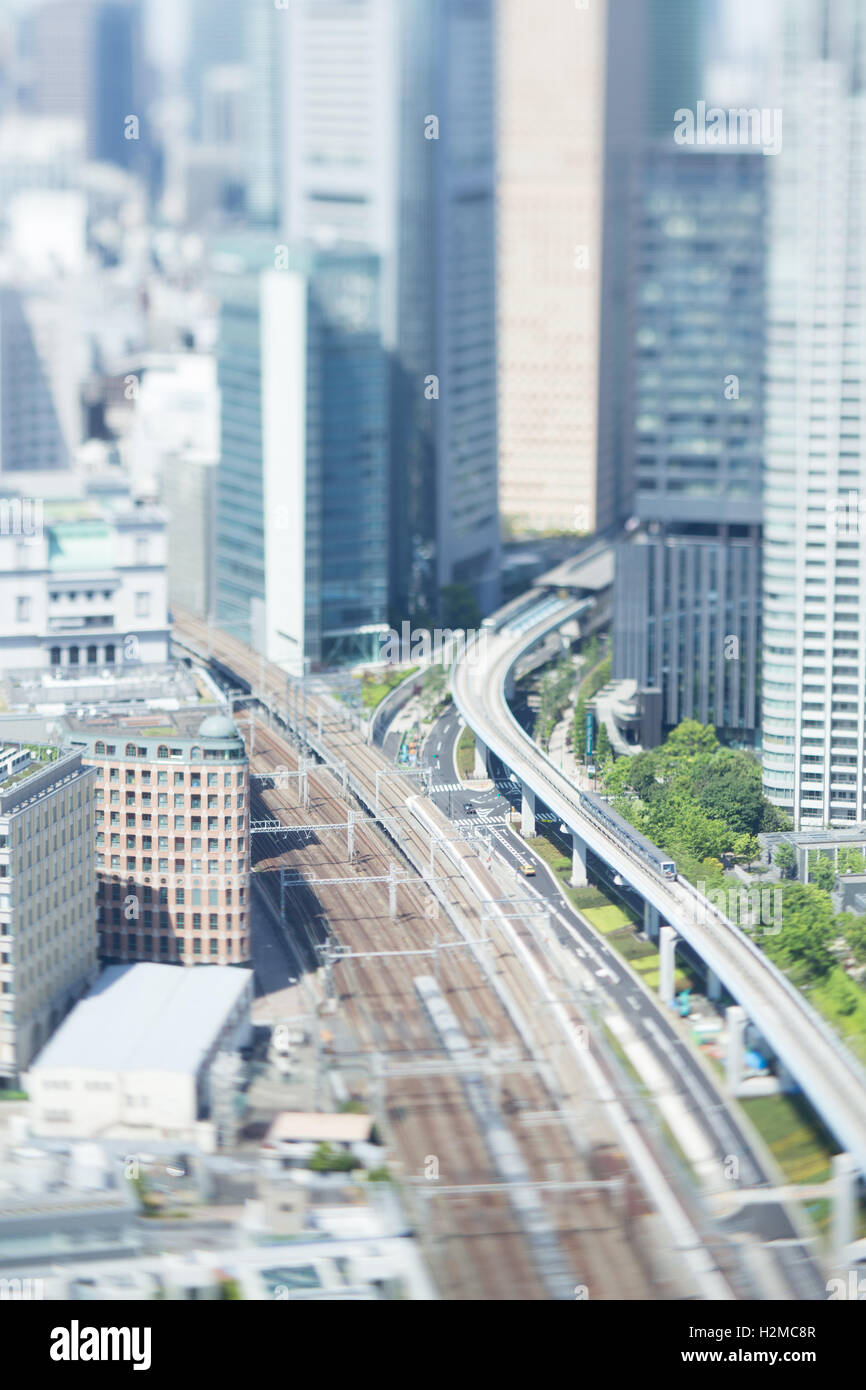 Tilt-shift bird's eye view of Tokyo cityscape, Tokyo, Japan Stock Photo ...