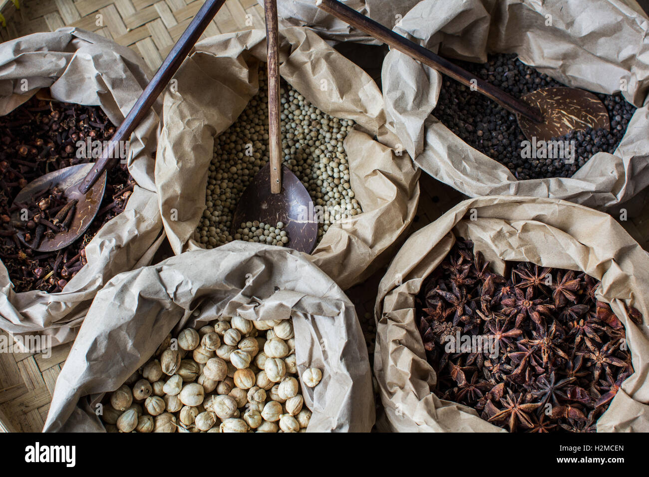 A pack of famous spices in asia, clove, anise, white pepper, black ...
