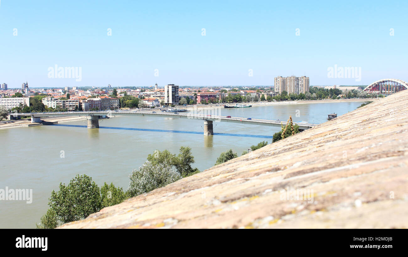 View of the Serbian city of Novi Sad and the bridge over the Danube ...