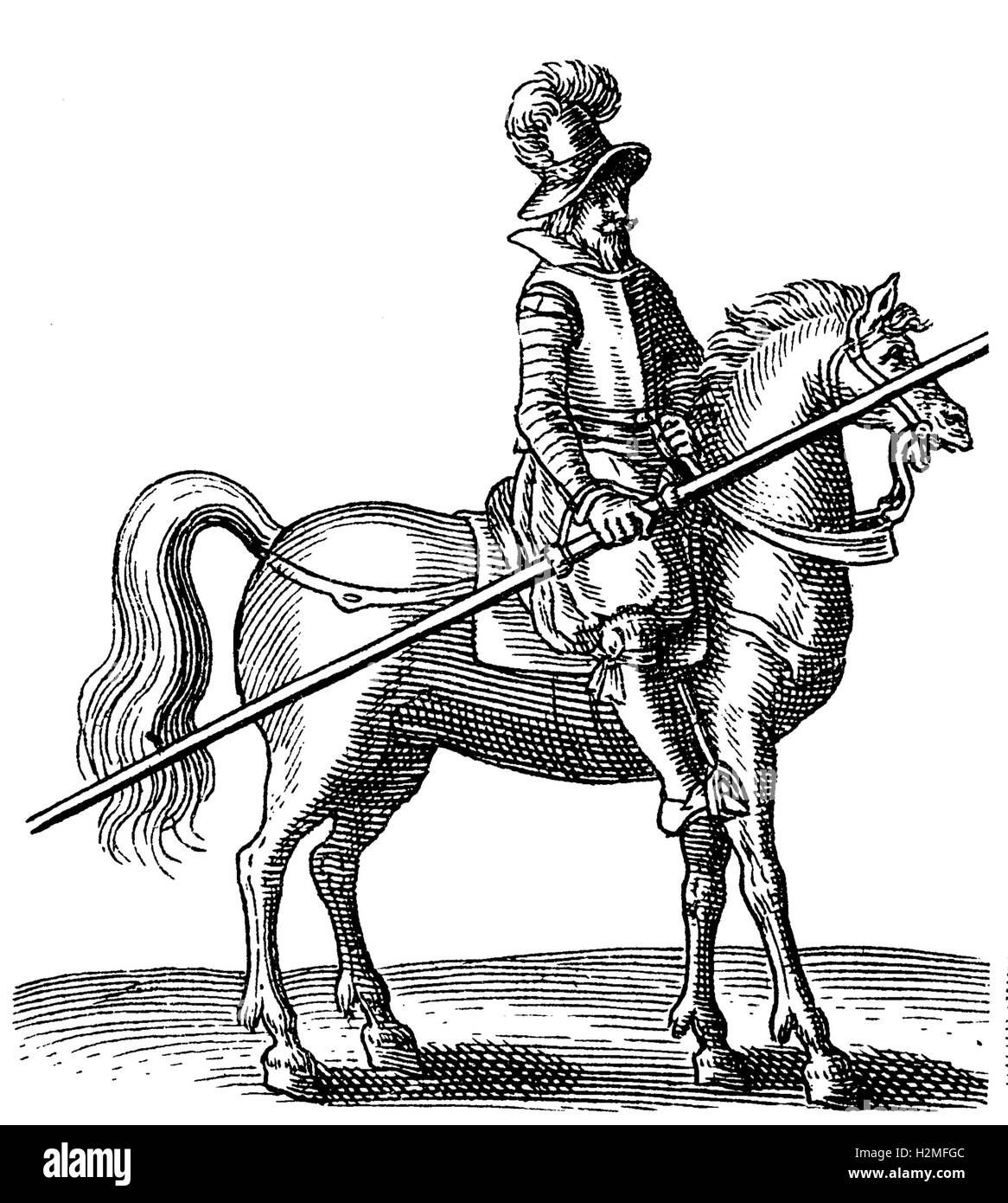 Vintage engraving of 1616, thirty years war rider with armor and lance ...