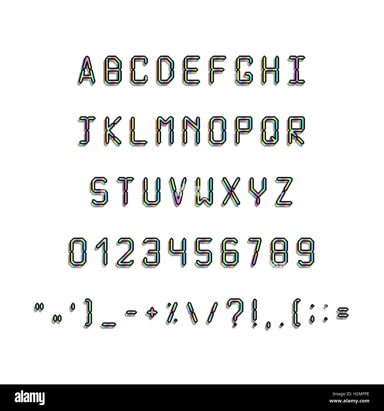 Printed font. Fonts 80s, 90s with a hologram. Simple Letters and ...