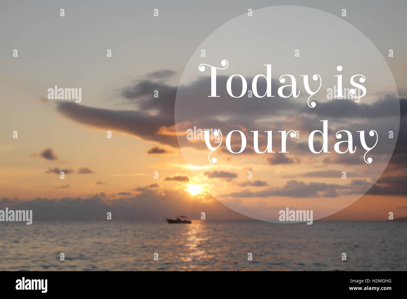 Sunset sky at the sea with text Stock Photo - Alamy