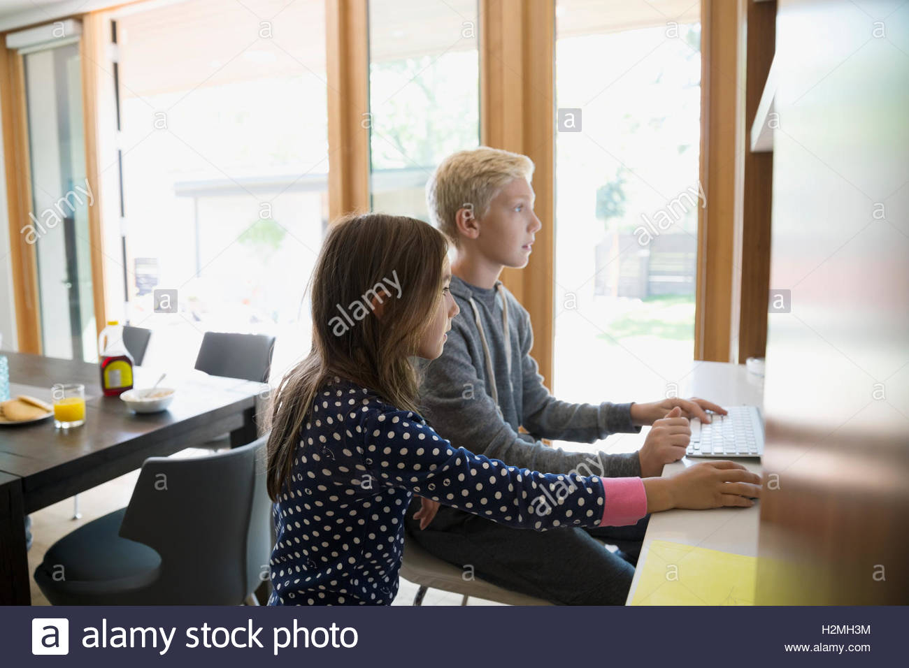 Brother and sister using computer at desk Stock Photo - Alamy