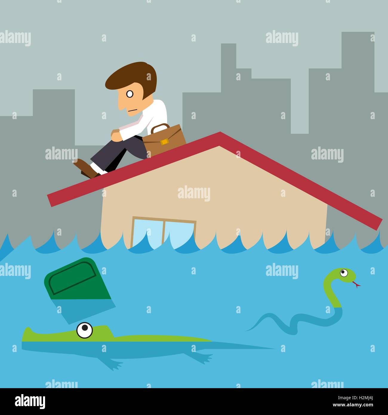 Business man on roof house, Flood city background Stock Vector Image ...