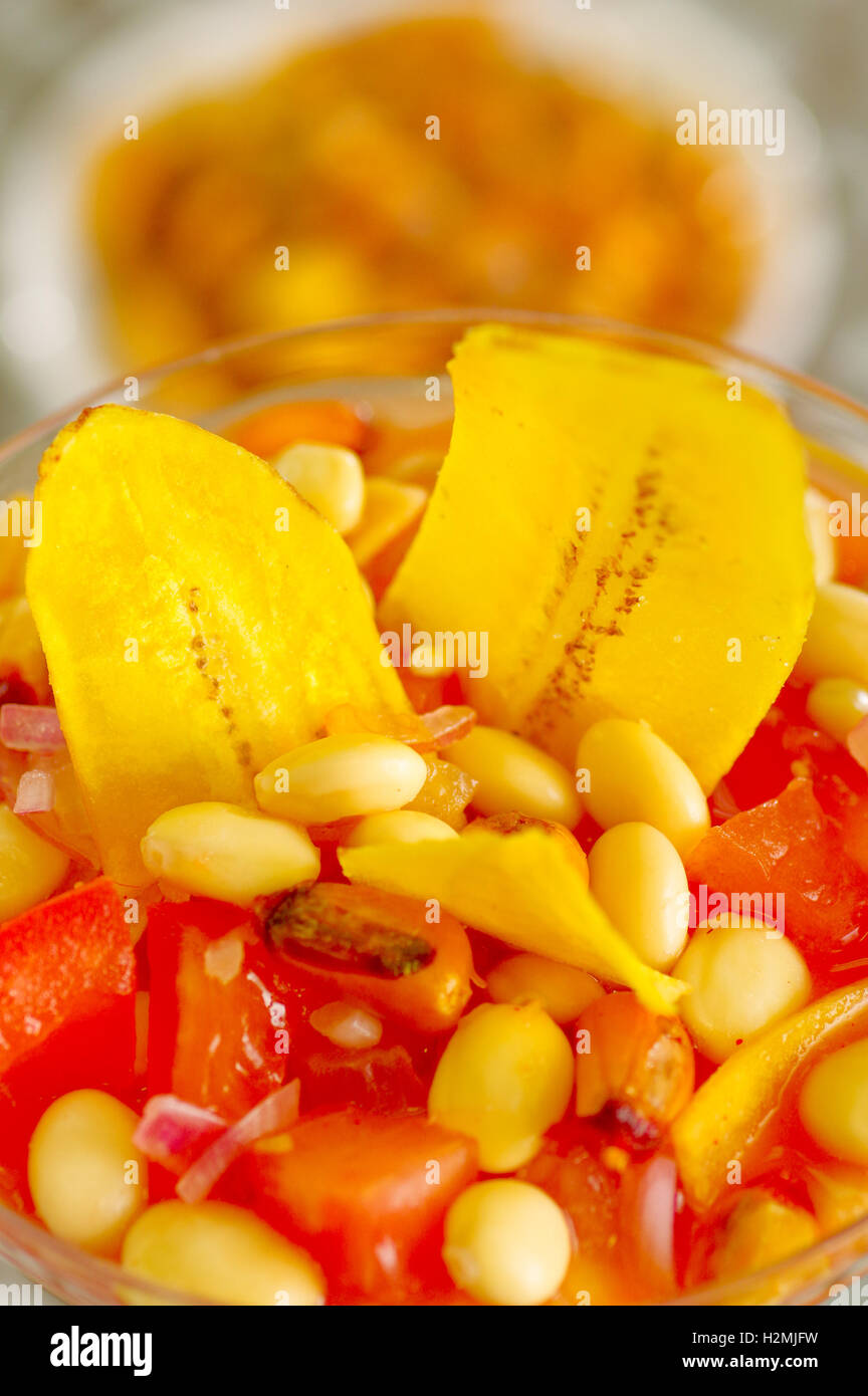 Traditional ecuadorian cold tomato based dish with chochos, onions and ...