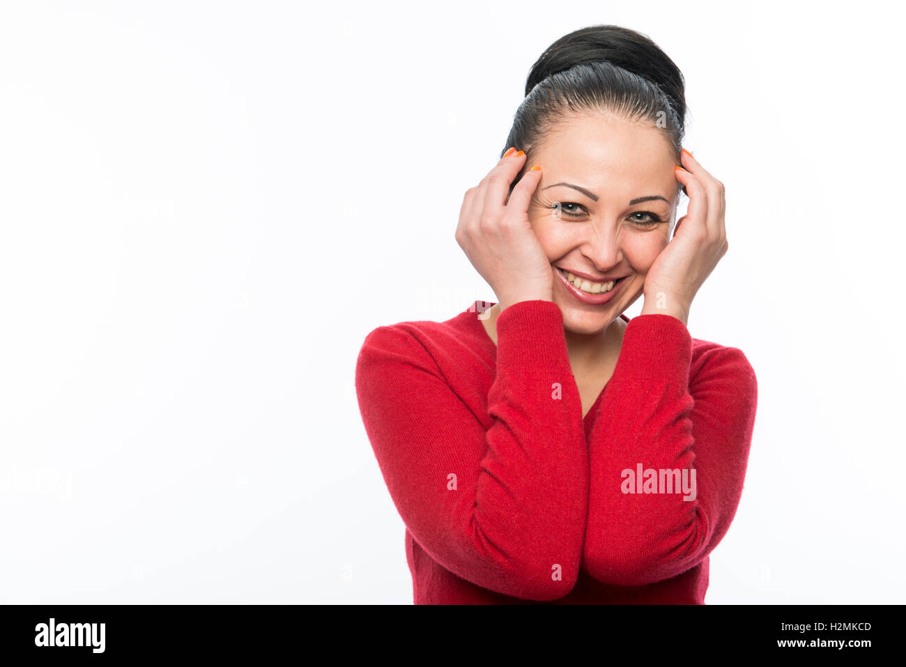 Brunette female wearing red jumper hi-res stock photography and images ...