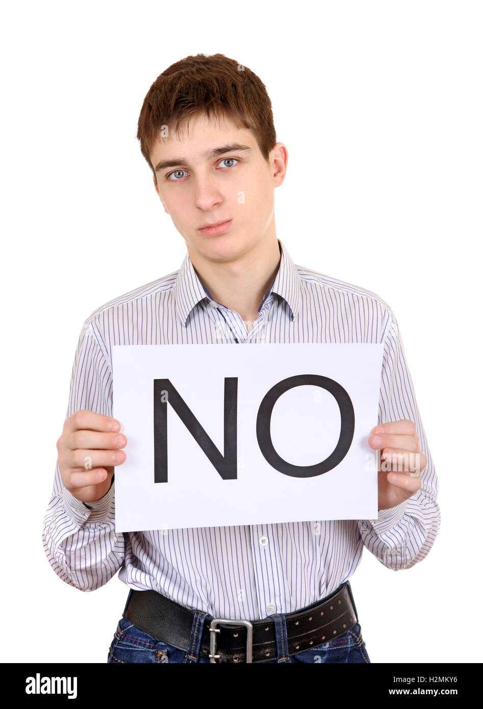 Teenager hold slogan NO Stock Photo - Alamy