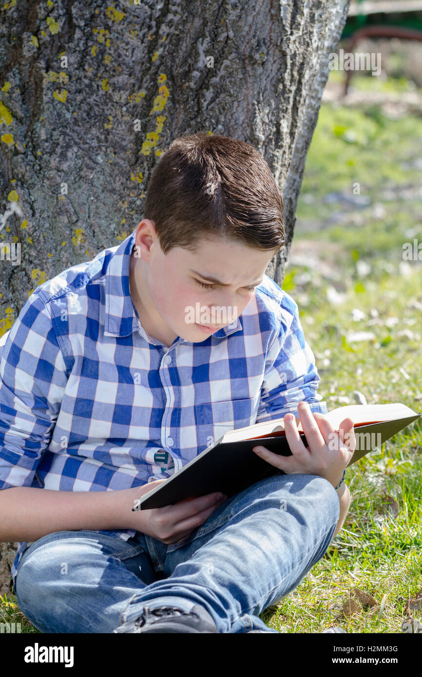 Young boy reading a book in the woods with shallow depth of fiel Stock ...