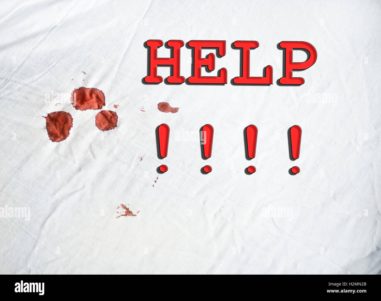 Help sign on white sheet with blood Stock Photo - Alamy