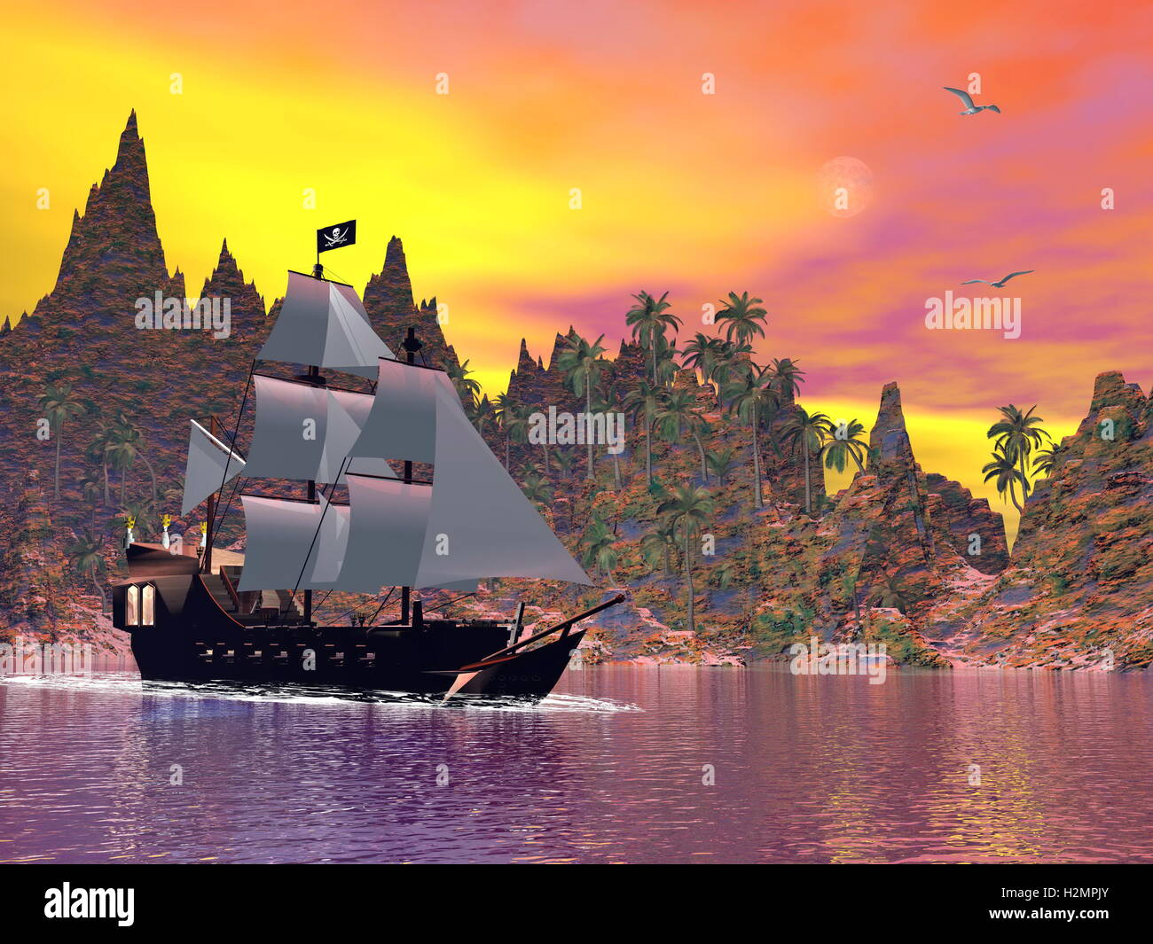 Pirate ship by sunset - 3D render Stock Photo - Alamy