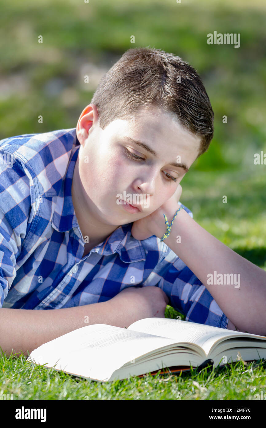 Young boy reading a book in the woods with shallow depth of fiel Stock ...