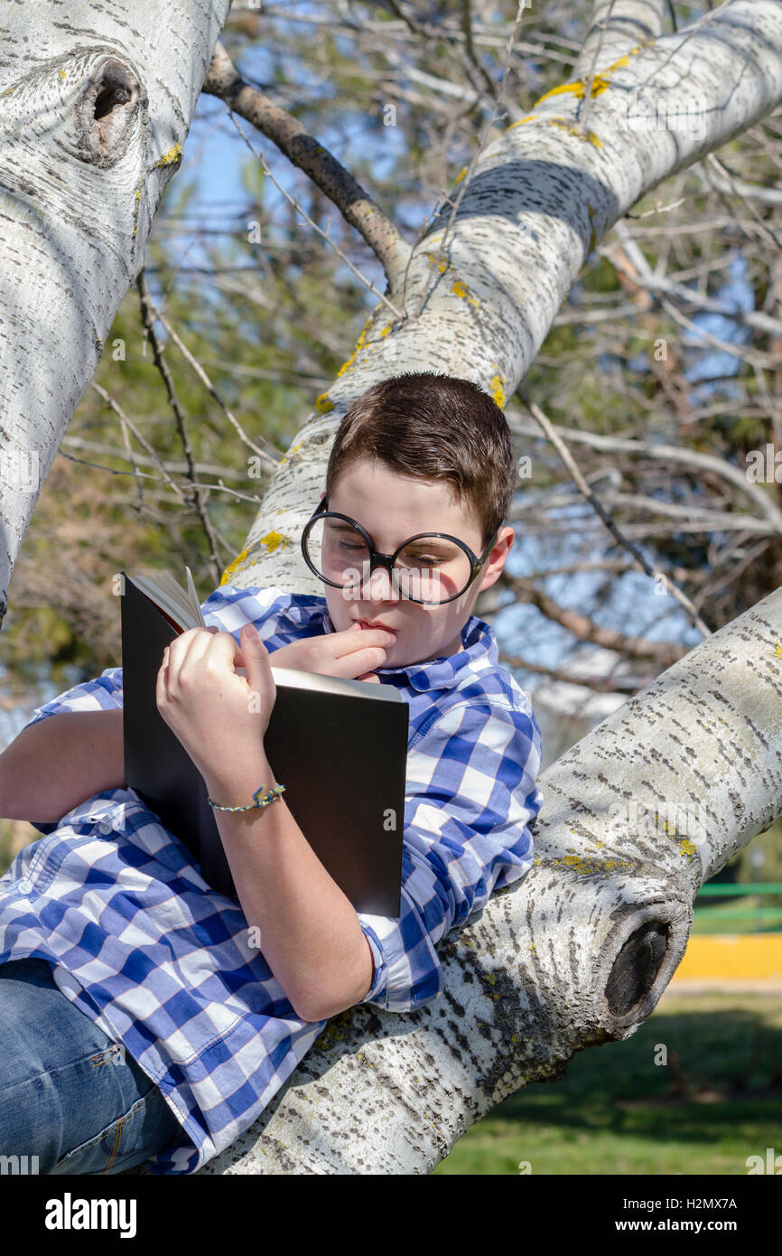 Young boy reading a book in the woods with shallow depth of fiel Stock ...