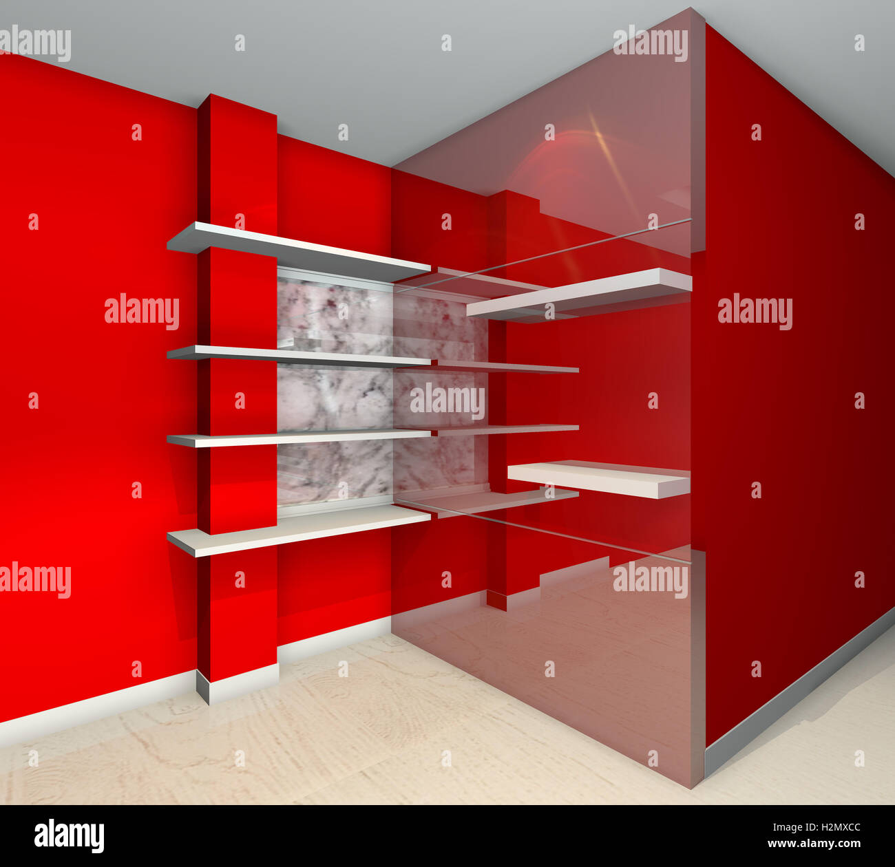 Empty red shelves red wall hi-res stock photography and images - Alamy