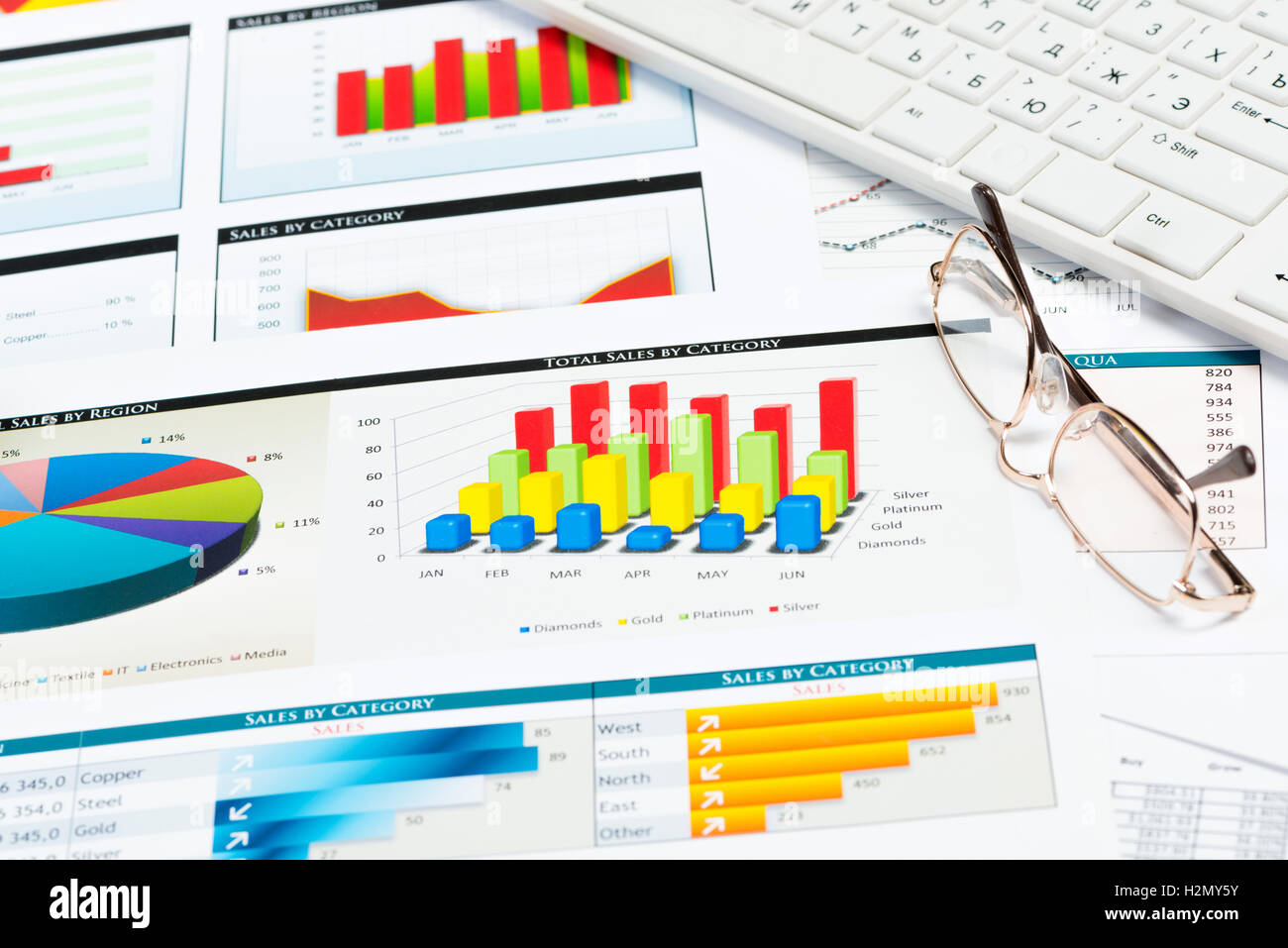 glasses, business papers with charts Stock Photo - Alamy