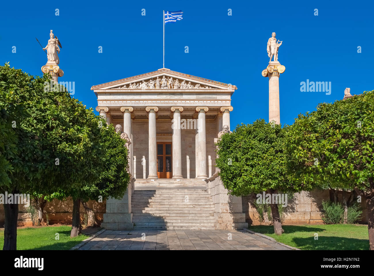 The facade of Athens Academy of Sciences with the main staircase and ...