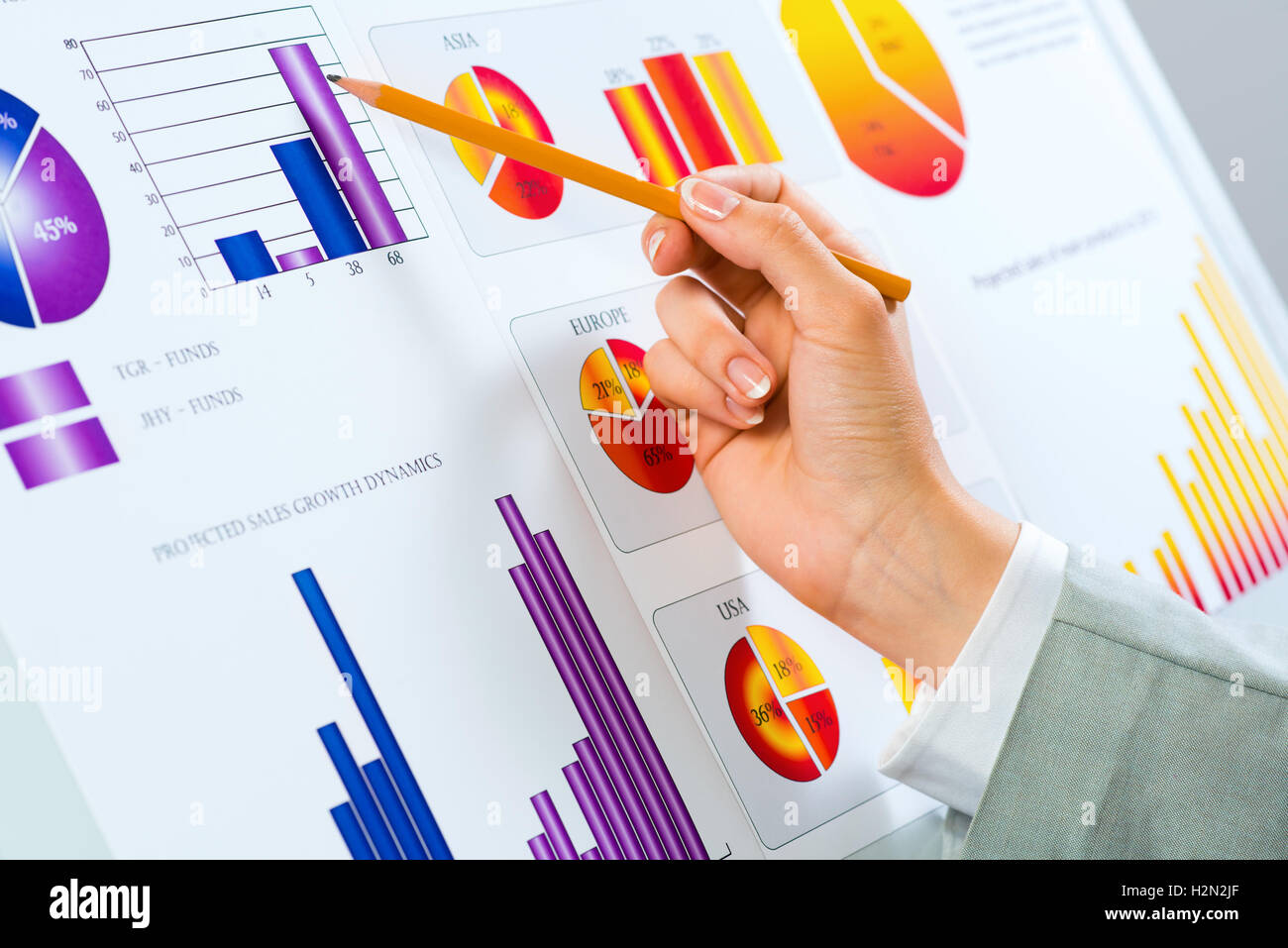female hand pointing pencil on financial charts Stock Photo - Alamy
