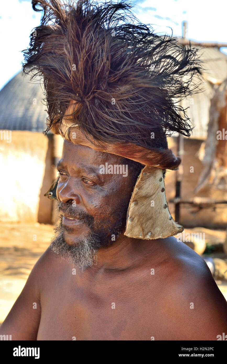 Bearded Zulu 'Chief ' troupe member with a stunning headdress at the ...