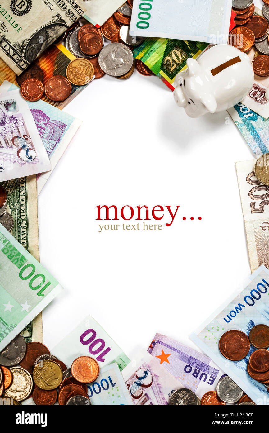Foreign coins and banknotes frame Stock Photo - Alamy
