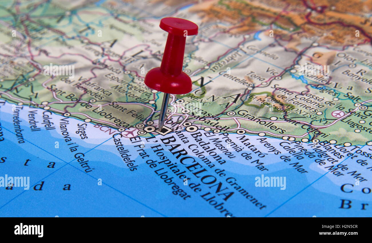 Barcelona in the map with pin Stock Photo - Alamy