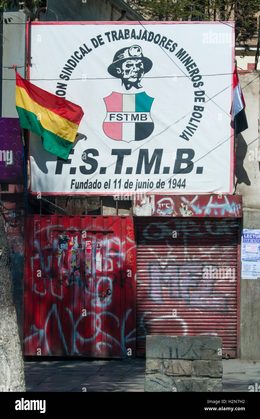 Mine workers' union office off Plaza Venezuela, La Paz, Bolivia Stock ...