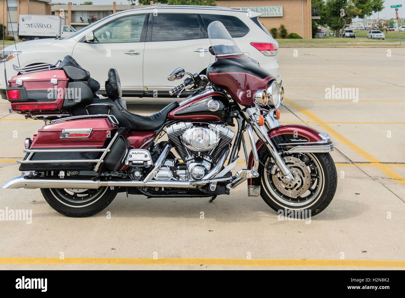 A deep red Harley Davidson Ultra Classic motorcycle, parked. Oklahoma ...