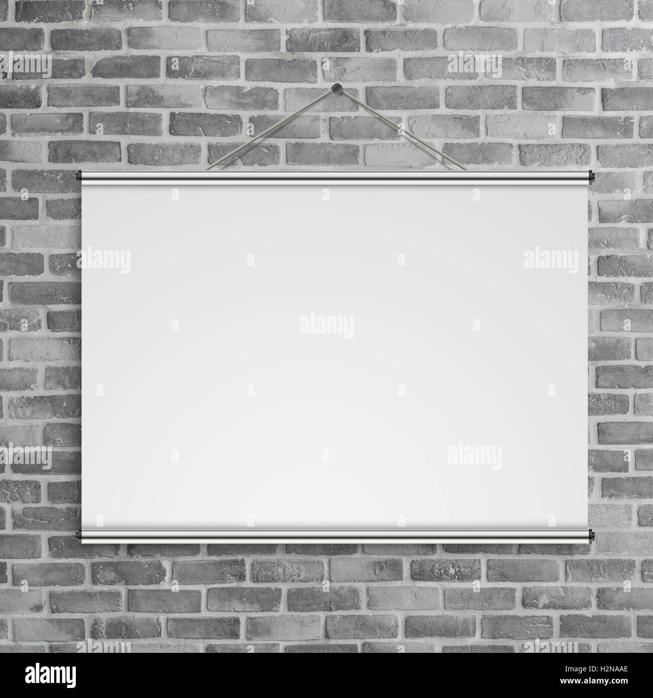 3D illustration of blank projector screen hanging on old grey brick ...
