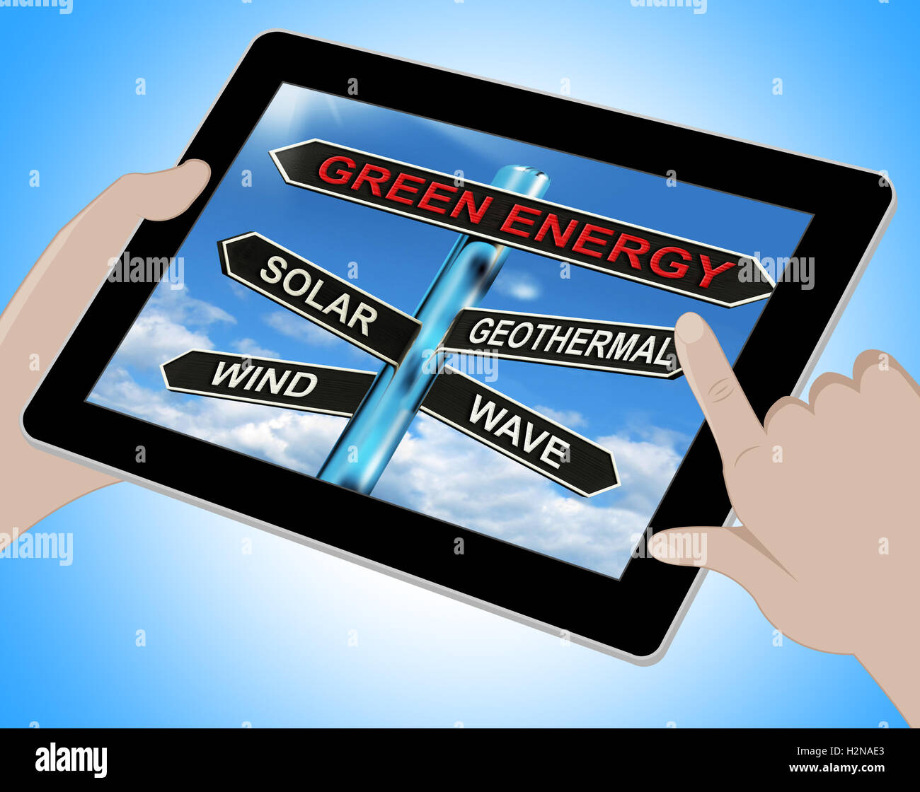 Green Energy Tablet Meaning Solar Wind Geothermal And Wave Stock Photo ...