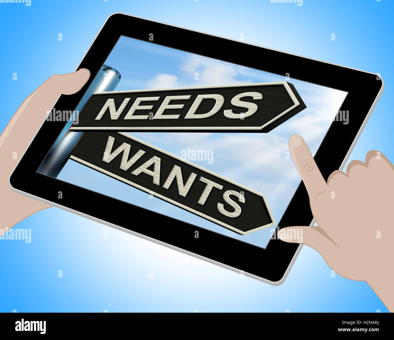 Needs Wants Tablet Meaning Necessity And Desire Stock Photo - Alamy