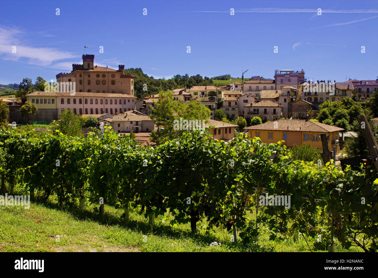 Beautiful view of Barolo castle among green hills and luxurious ...