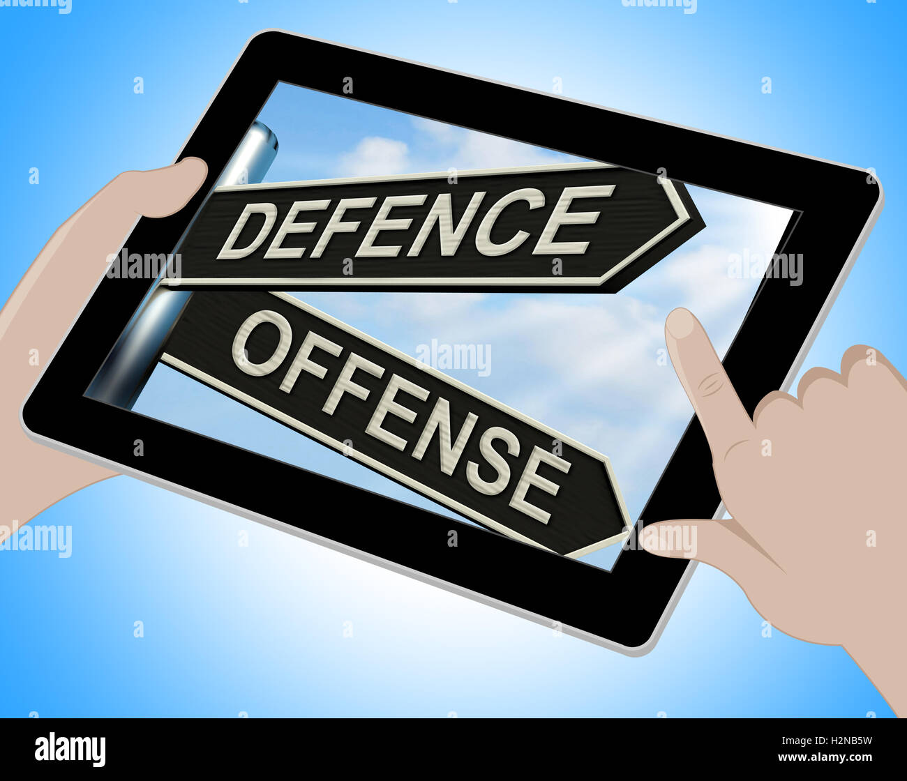Defence Offense Tablet Showing Defending And Tactics Stock Photo - Alamy