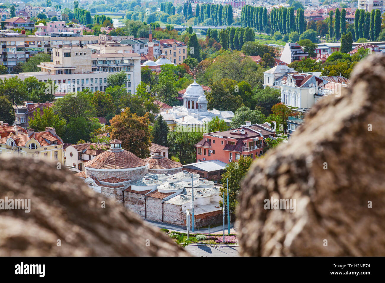 View of Plovdiv, Bulgaria downtown with old and new buildings and trees ...
