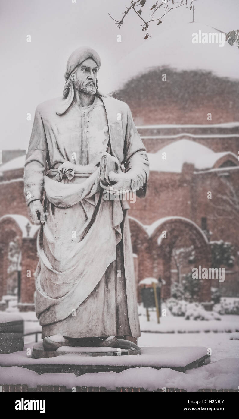 Blue mosque and Khaqani poet statue in winter, Tabriz, Iran Stock Photo ...