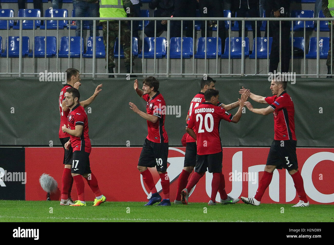 Gabala FK team players react after scoring against Qabala FK during the ...