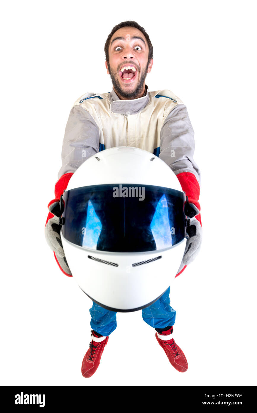 Racing driver posing with helmet isolated in white Stock Photo - Alamy