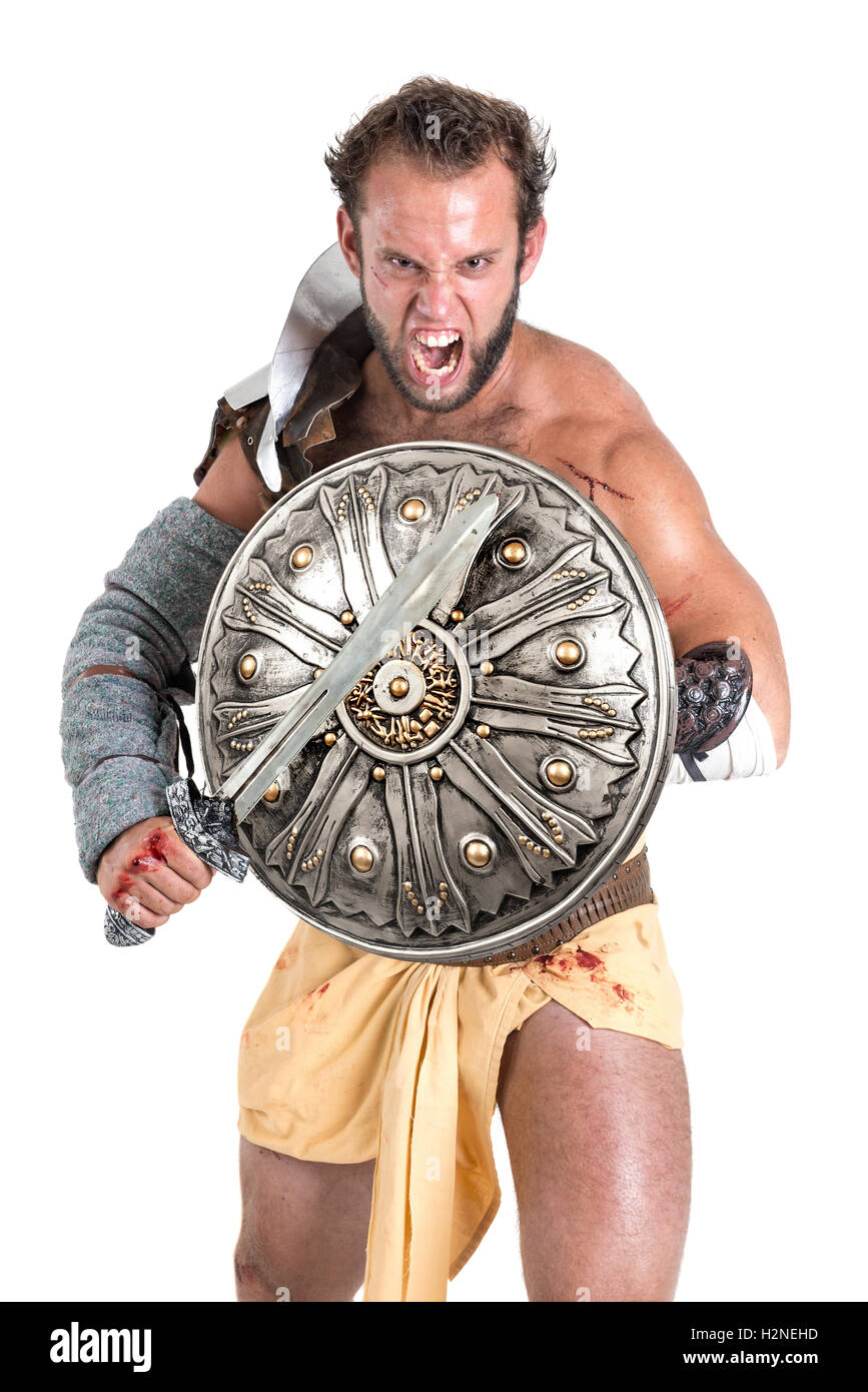 Ancient warrior or Gladiator isolated in a white background Stock Photo ...