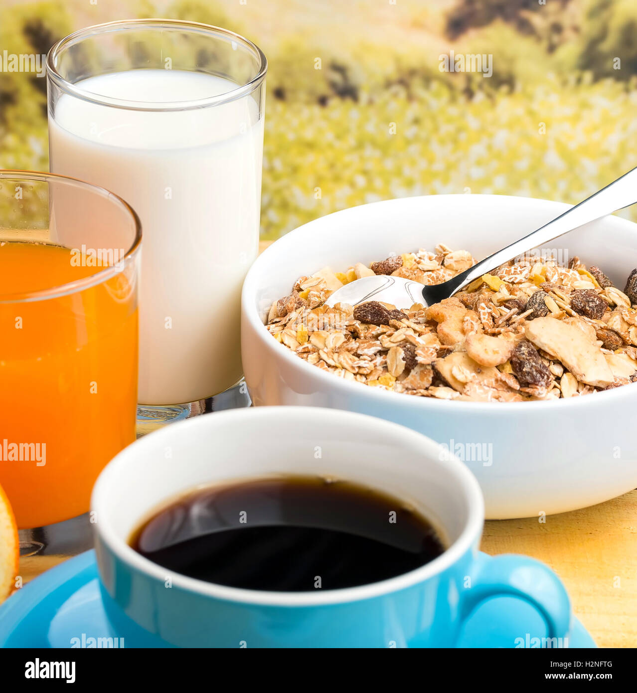 Healthy Breakfast Indicating Coffee Shop And Grains Stock Photo - Alamy