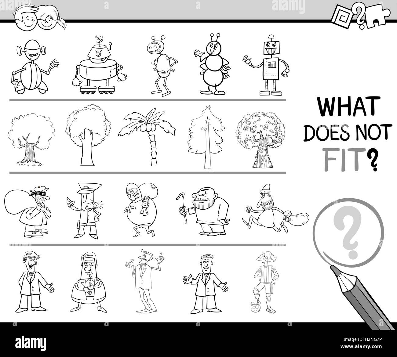 Black and White Cartoon Illustration of Finding Improper Item in the ...