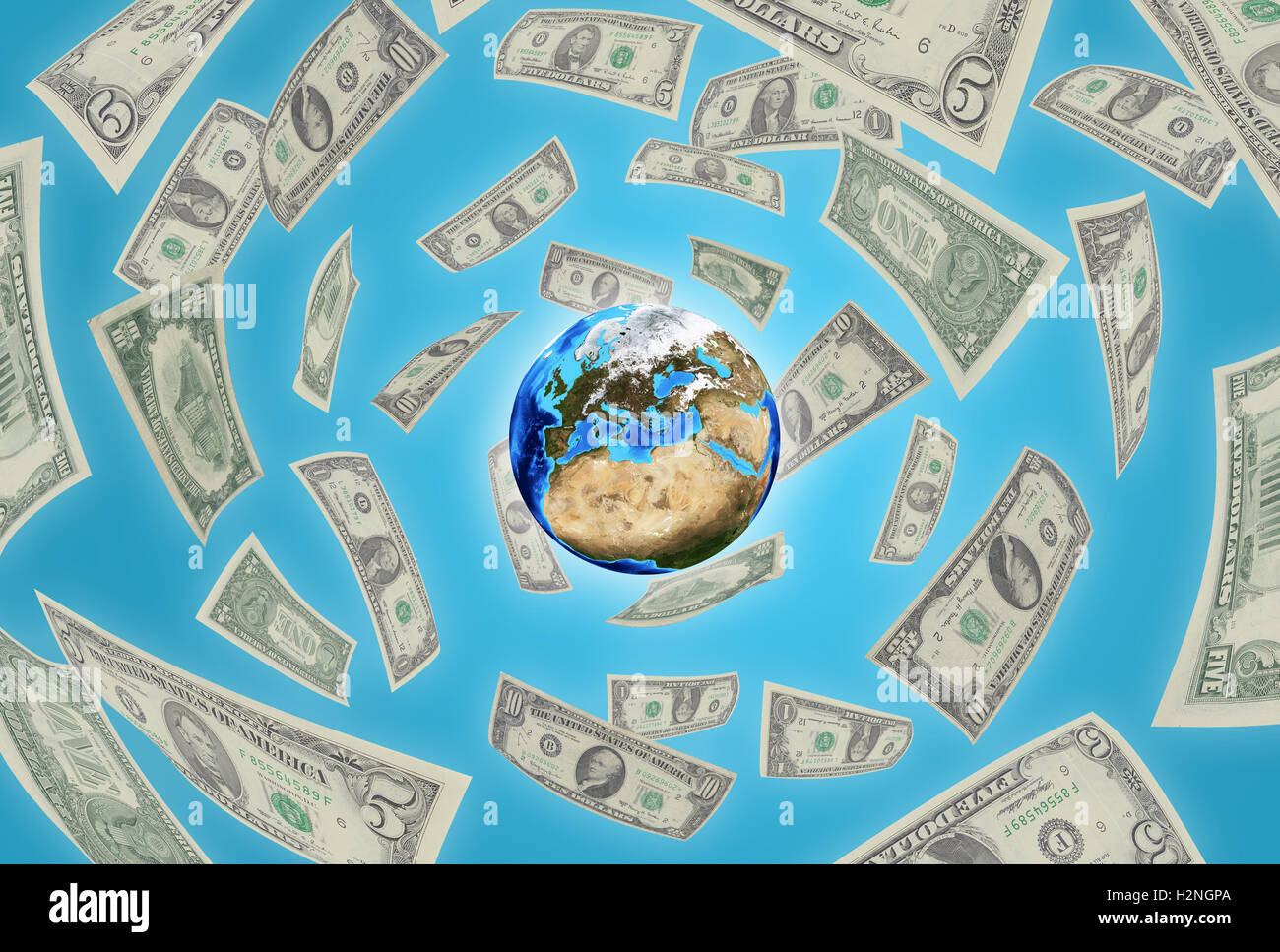 Earth on blue background. Money falling around Stock Photo - Alamy