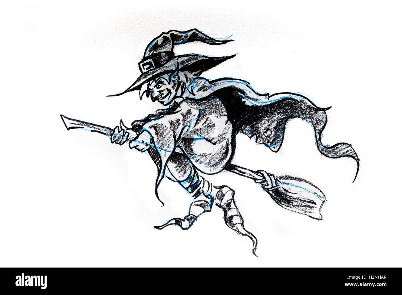 witch flying on a broom, sketch of tattoo Stock Photo - Alamy