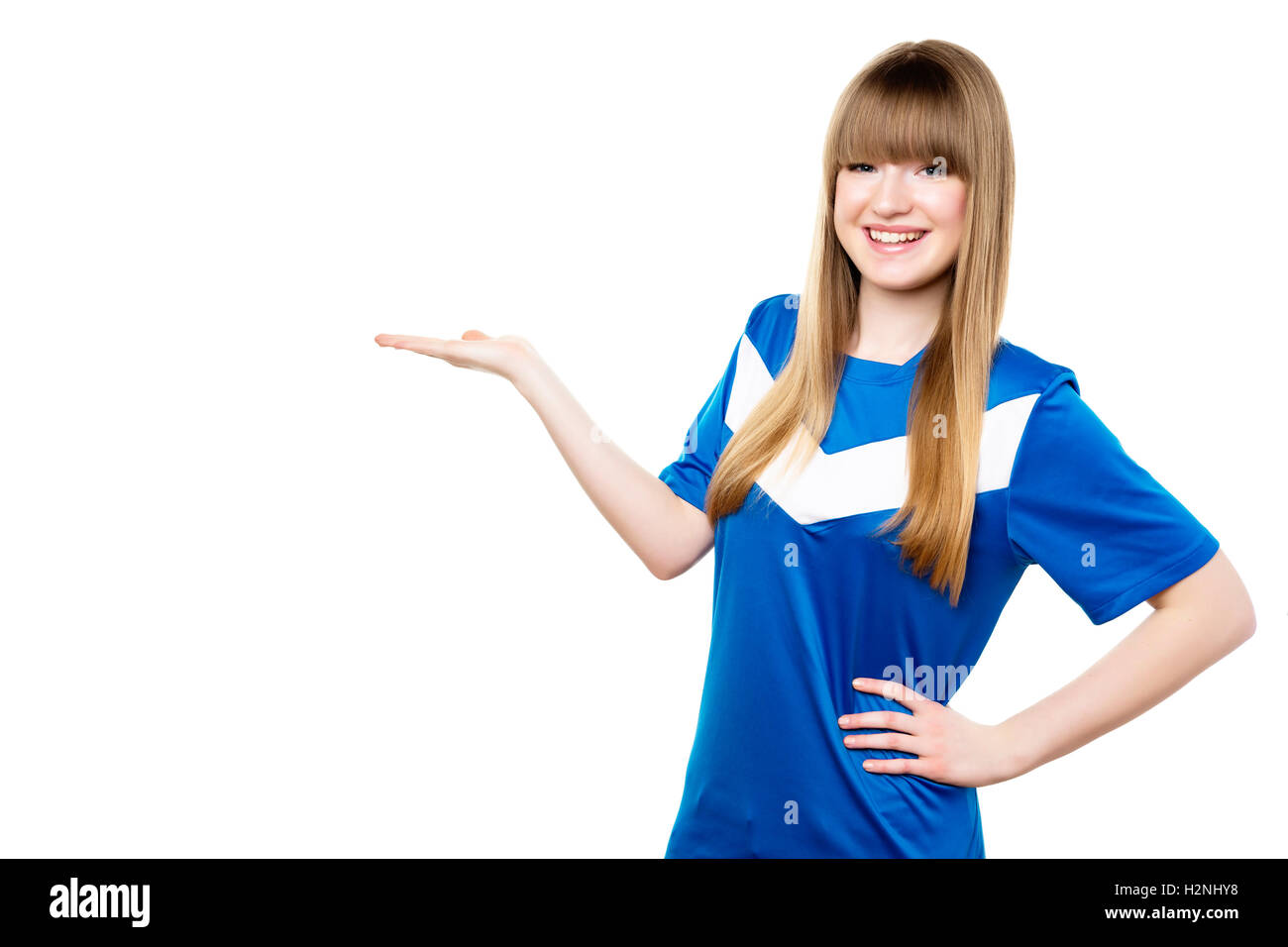 Girl presenting something Stock Photo - Alamy
