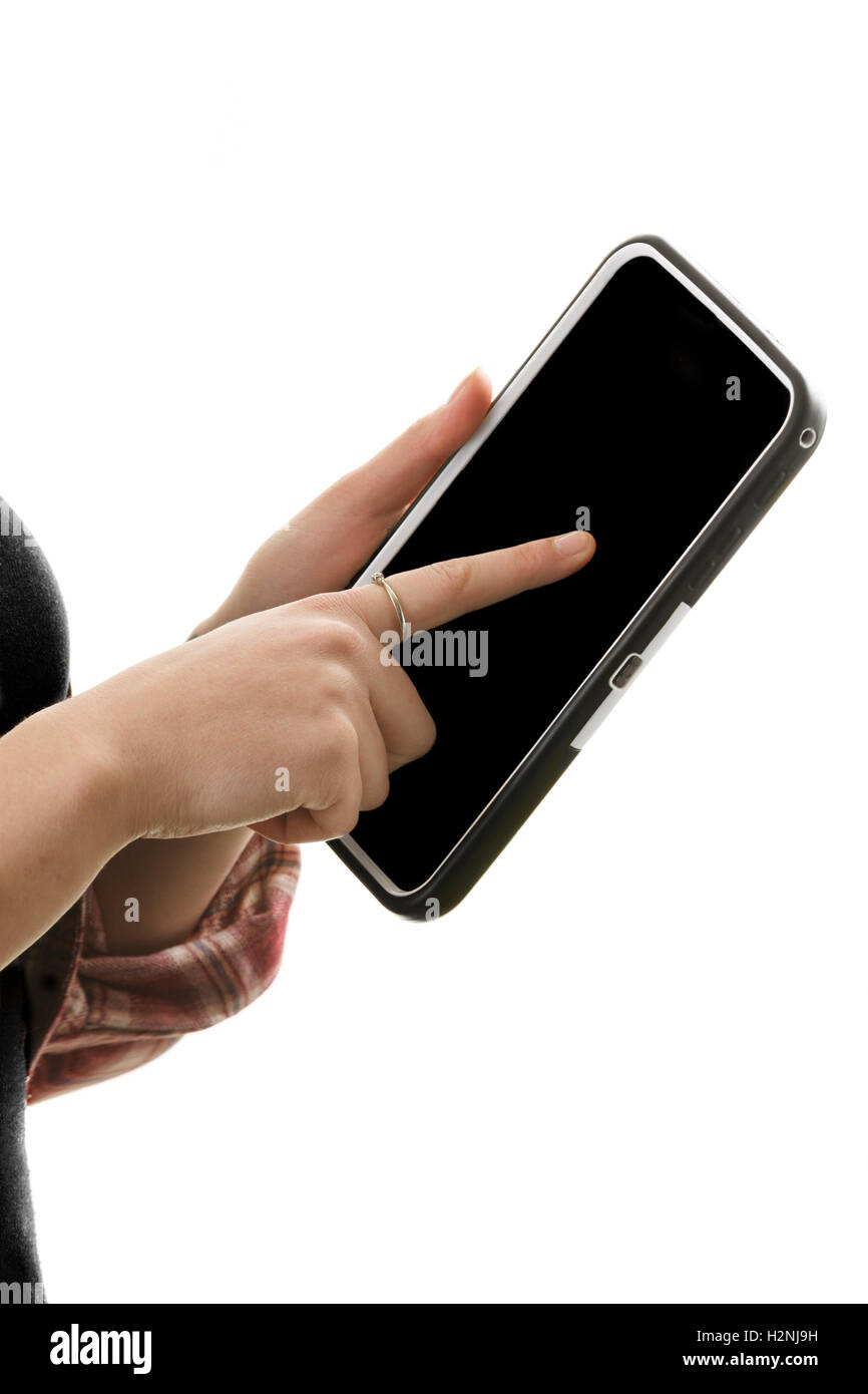 Woman's hands touching a tablet. Blank screen Stock Photo - Alamy