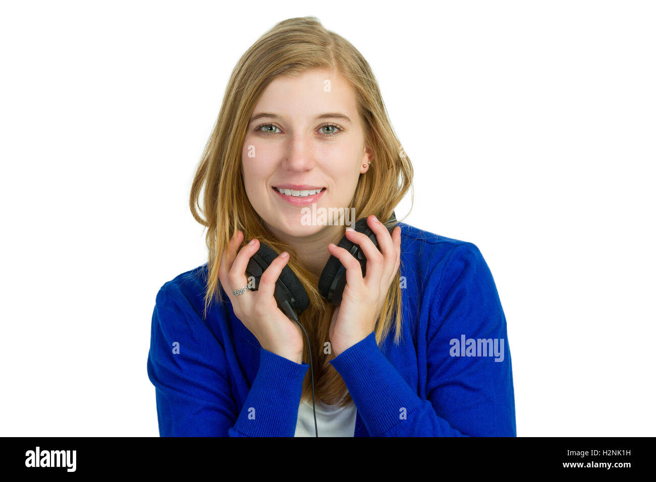 Happy beautiful blonde woman listening hi-res stock photography and images - Alamy