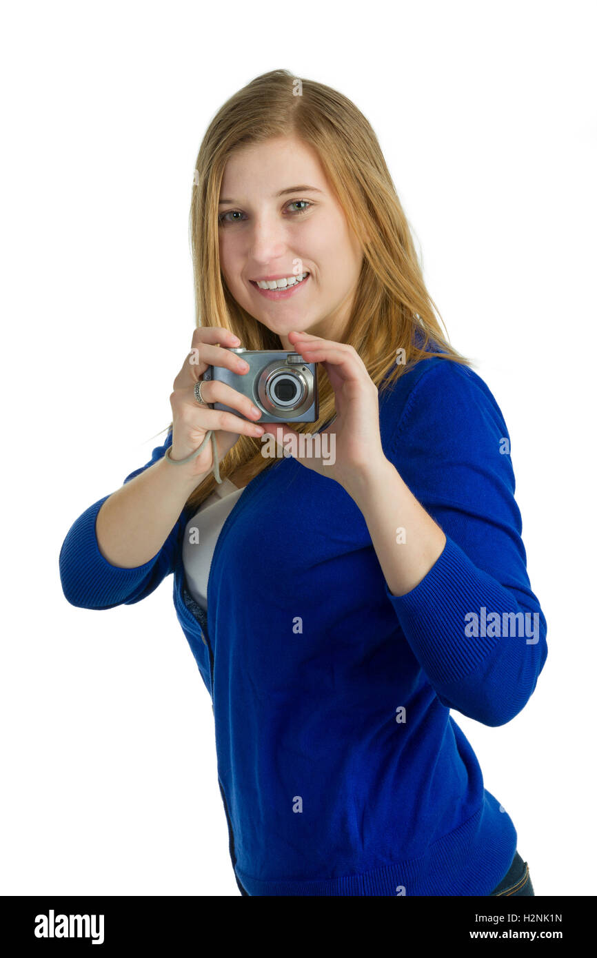 An attractive blond woman with a camera Stock Photo - Alamy