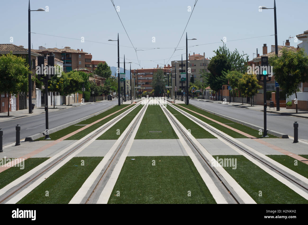 Tram tracks approaching Granada city centre, Metropolitano de Granada ...