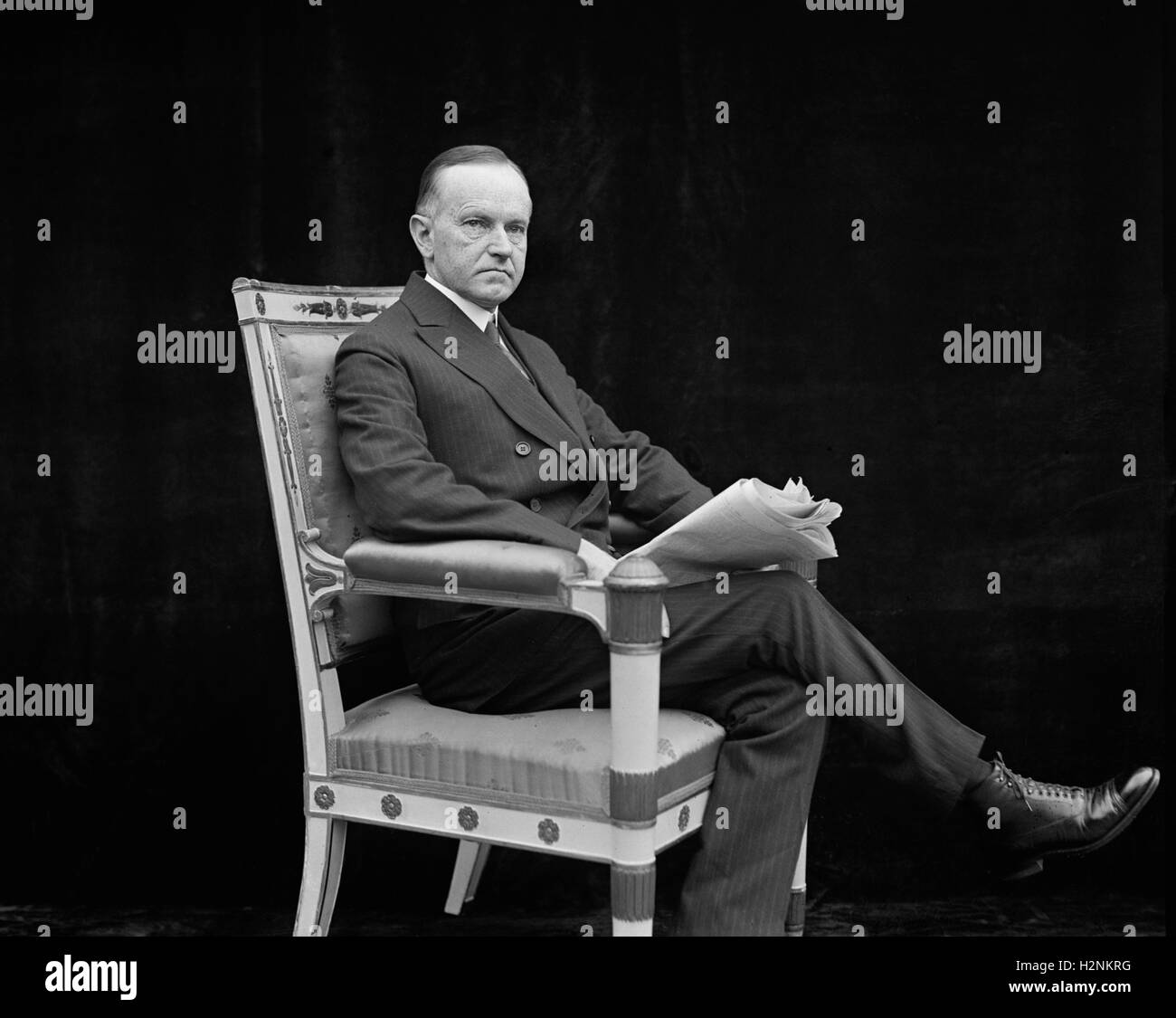 U.S. President Calvin Coolidge, Portrait with Newspaper, Washington DC ...