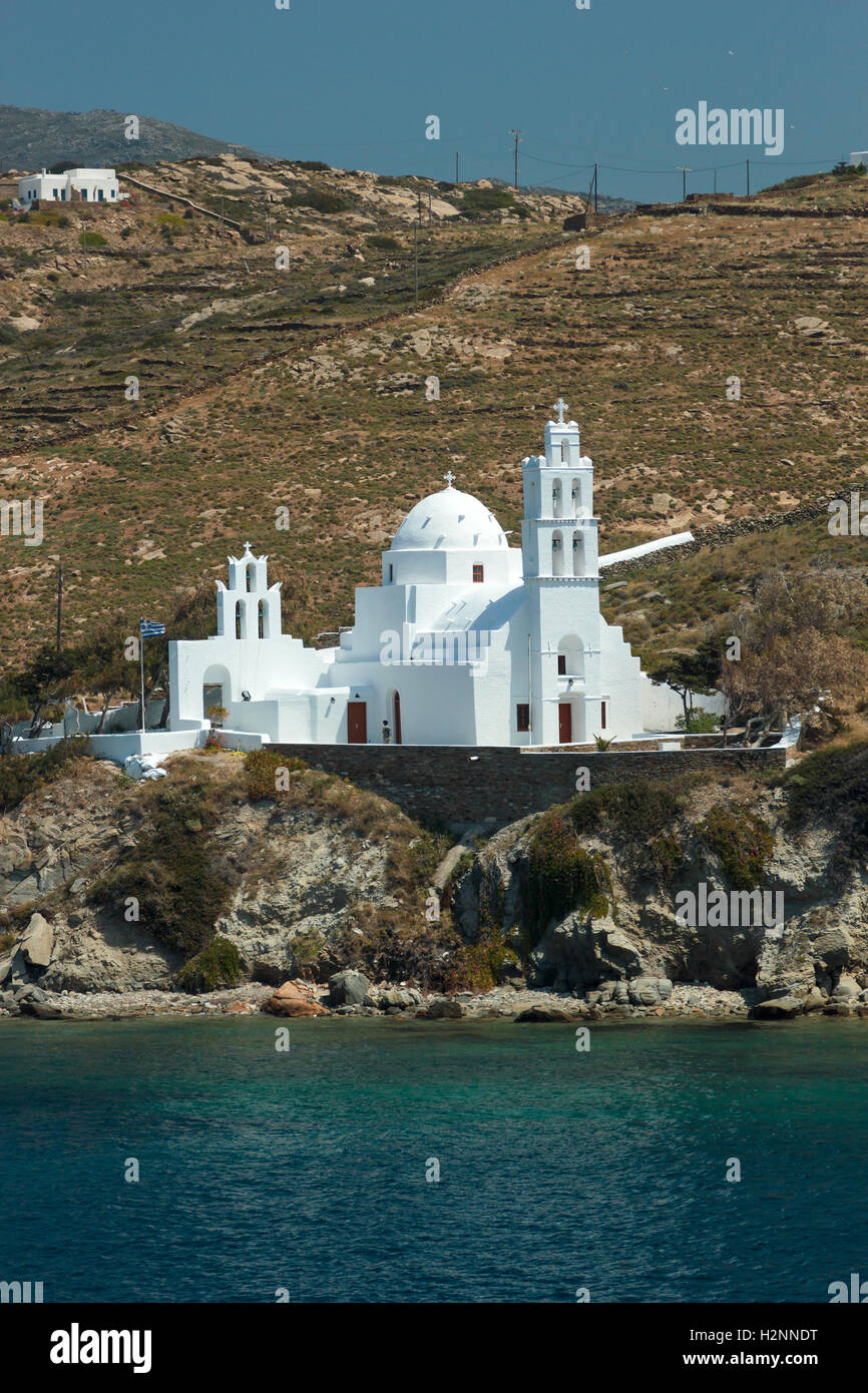 Greece Paros island in cyclades, Church view by the sea in Paros island ...