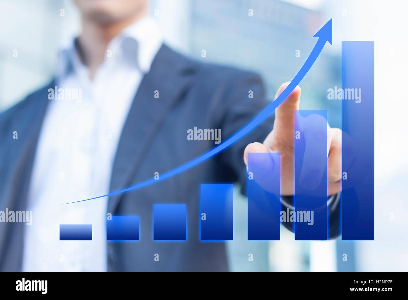 Business consultant presenting a blue chart about growing markets with ...