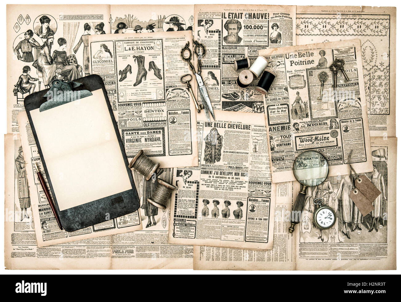 Antique accessories, sewing and writing tools, old fashion magazine for ...